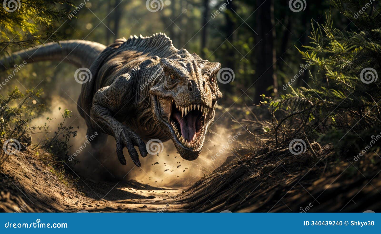 Closeup of T-Rex with Sharp Teeth Roaring and Running Fast with Dust on ...