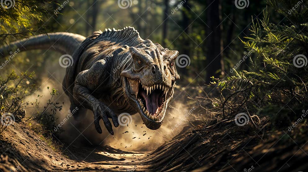Closeup of T-Rex with Sharp Teeth Roaring and Running Fast with Dust on ...