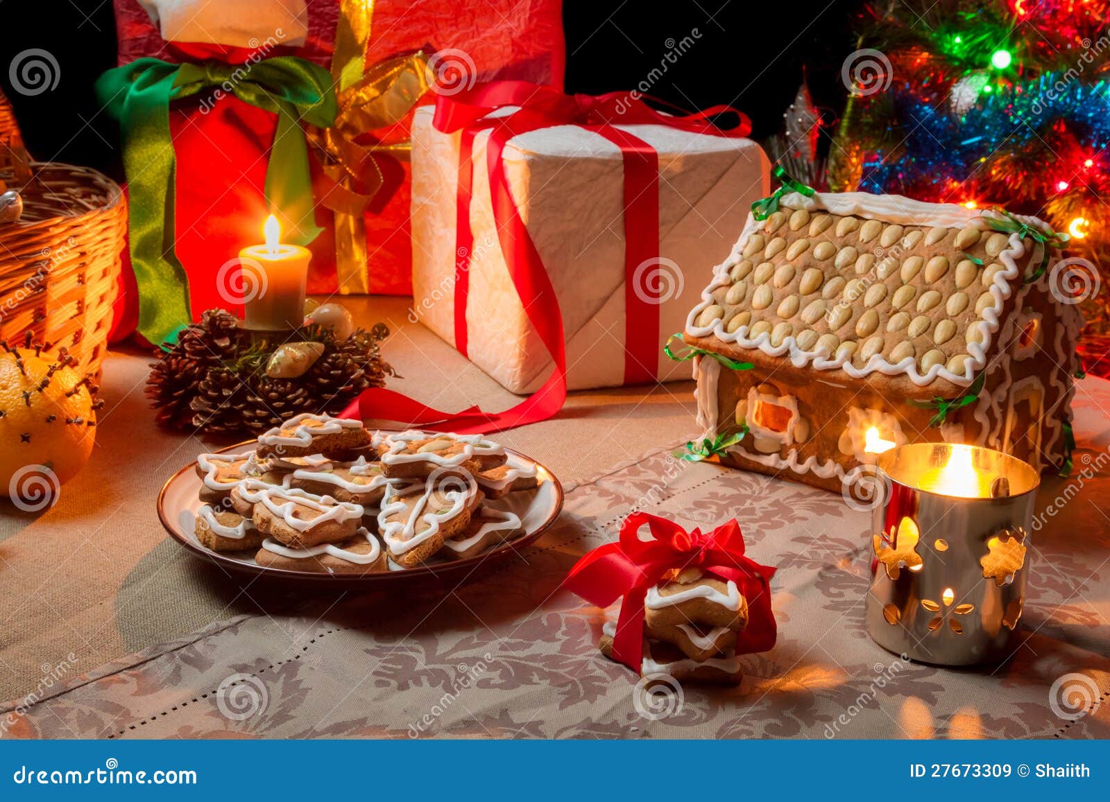 Closeup of a Table Set with Christmas Gifts Stock Image - Image of ...