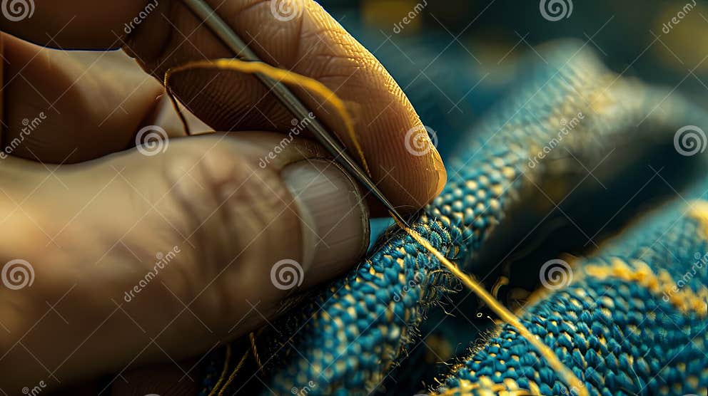 Closeup of Tailor Hands Holding Needle with Thread Stitching Textile ...