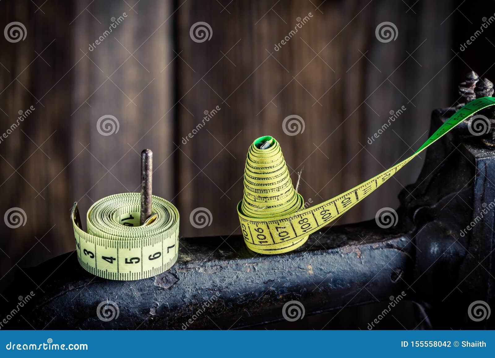 Tailor`s Machine with Scissors and Tape Measure Stock Photo - Image of ...