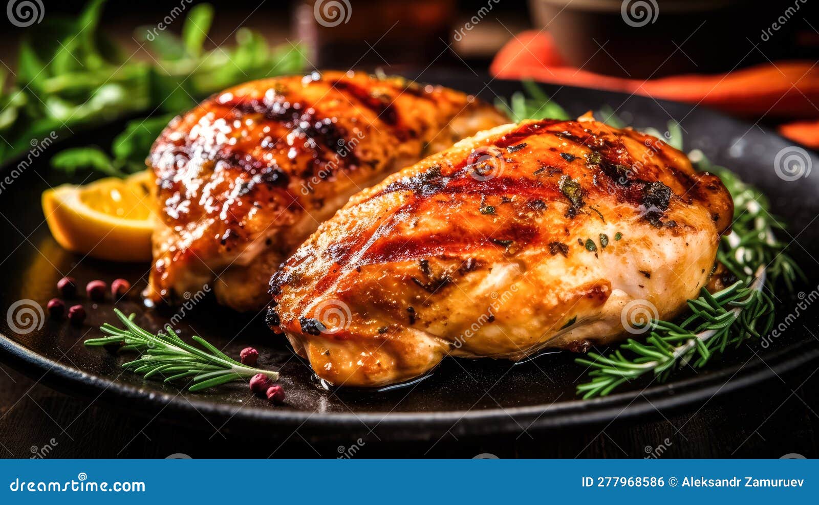 Closeup Of Tasty Roast Chicken Breast Served On Plate Delicious Food