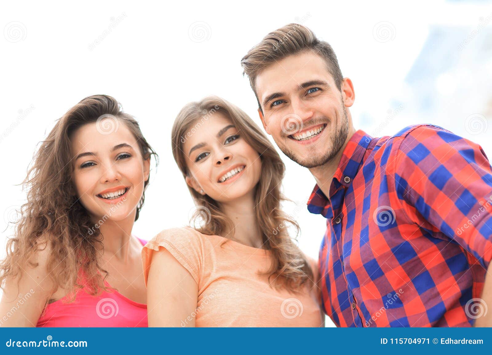 Closeup of Three Young People Smiling on White Background Stock Image ...