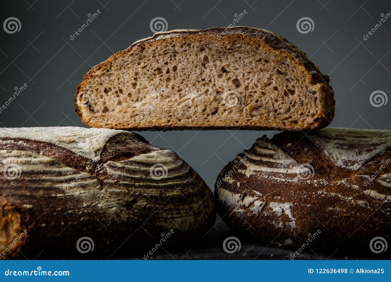 Closeup Three Pieces of Delicious Homemade Round Rye Bread Stock Photo ...