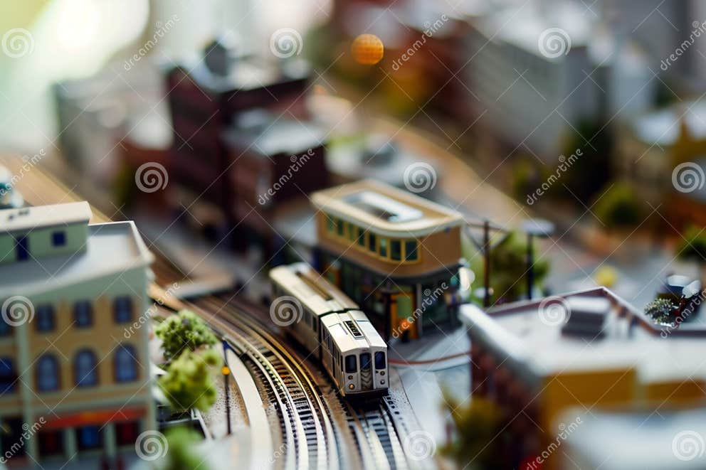 Closeup of a Tiny Train Moving through a Small Cityscape Stock Photo ...