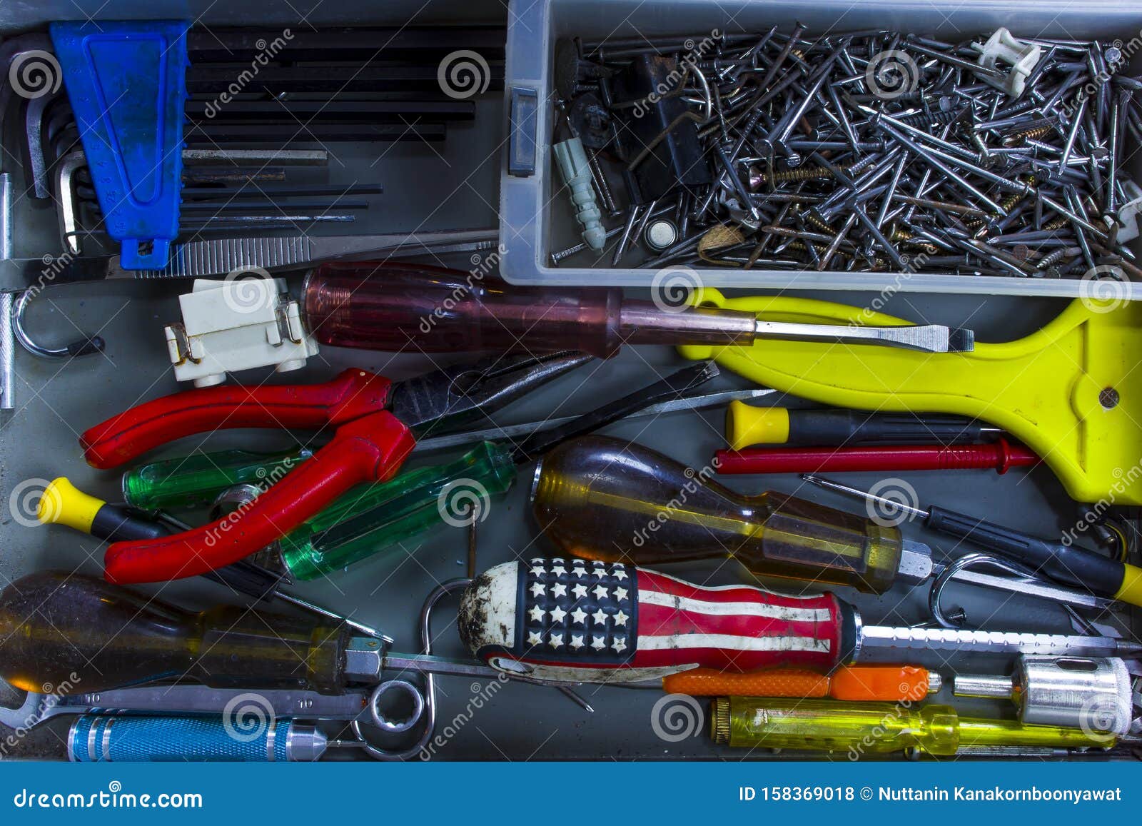 Closeup Tools Various in Opened Toolbox. View from Above Stock Photo ...