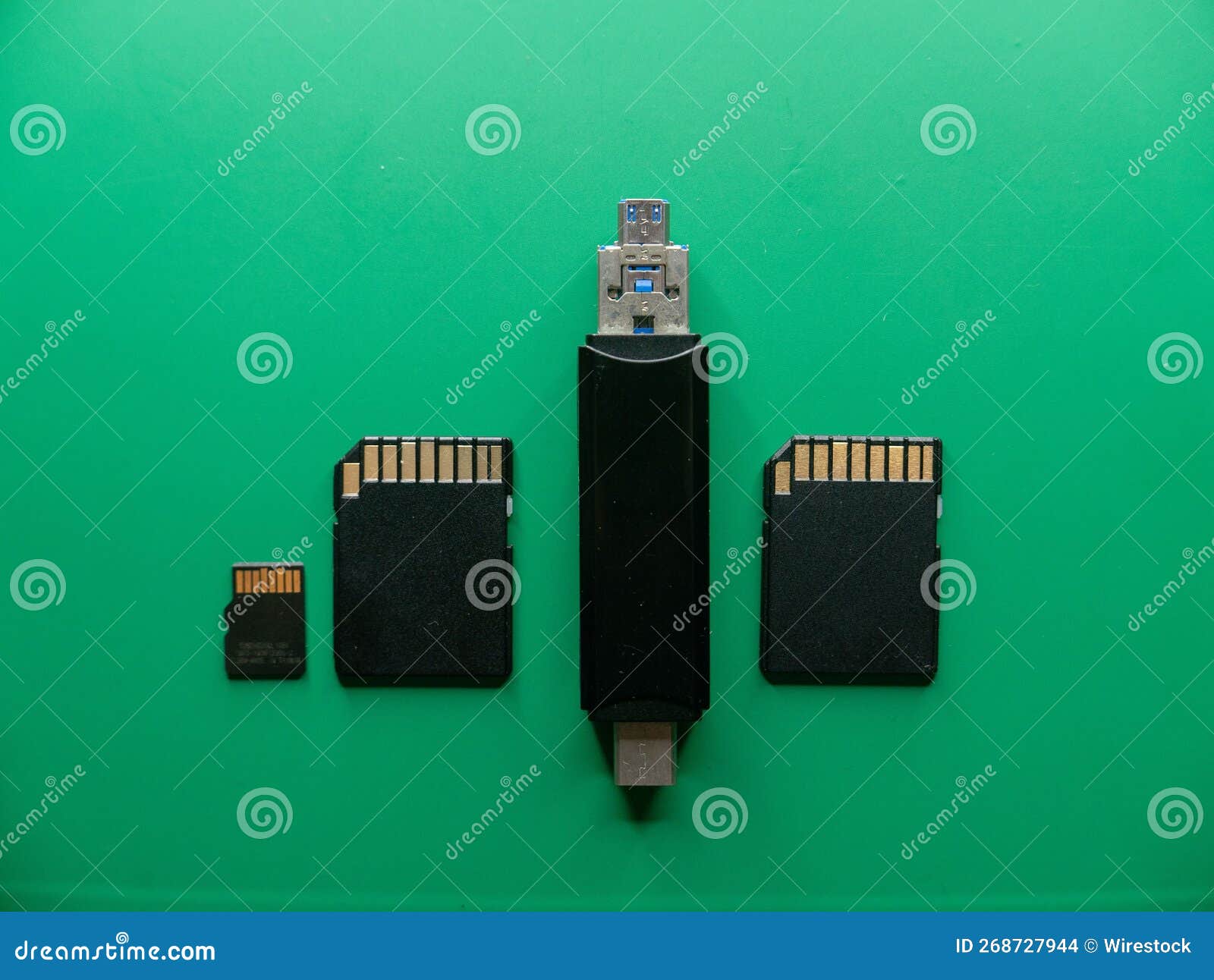 Closeup Top View of SD Cards and a USB Flash Drive on a Green ...