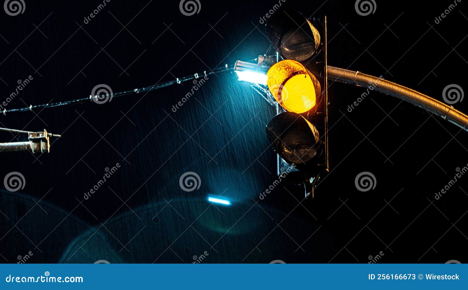 Closeup of a Traffic Light Under the Rain at Night Stock Image - Image ...