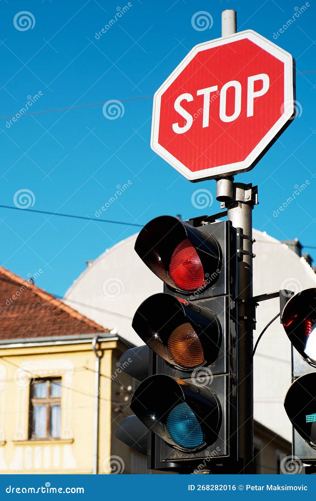 Closeup of Traffic Lights and Stop Sign at Intersection Stock Photo ...