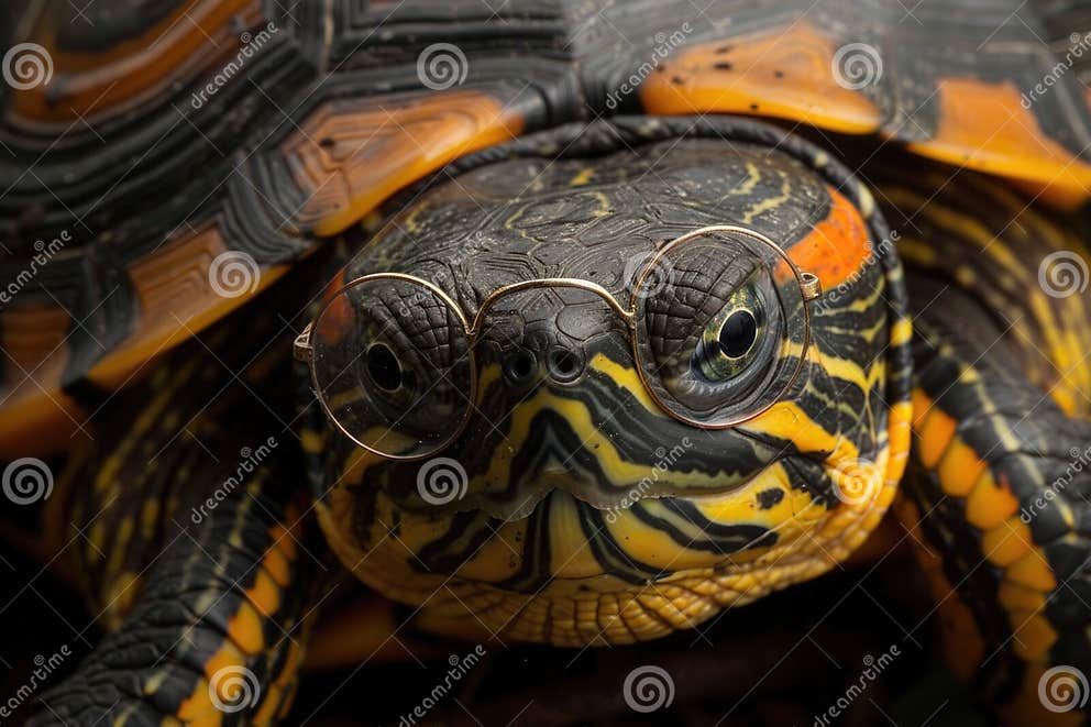 CloseUp of a Turtle Wearing Glasses with Colorful Shell Patterns Stock ...