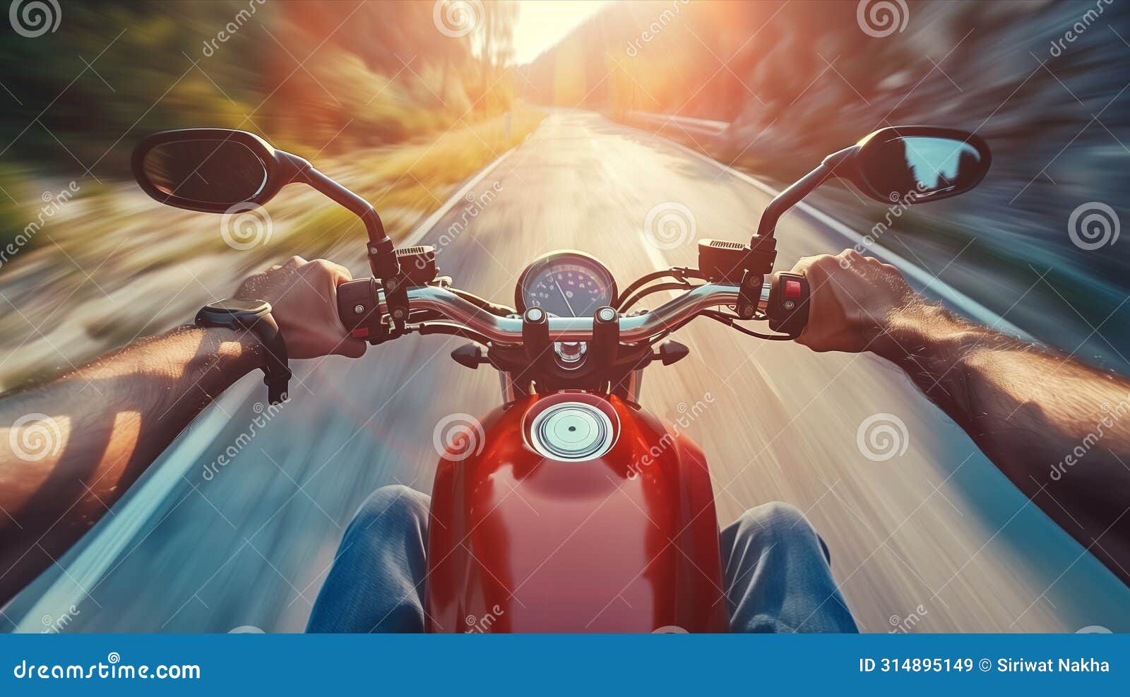 Closeup of Two Hands on Motorcycle Handlebars, Motorcyclist on Paved ...