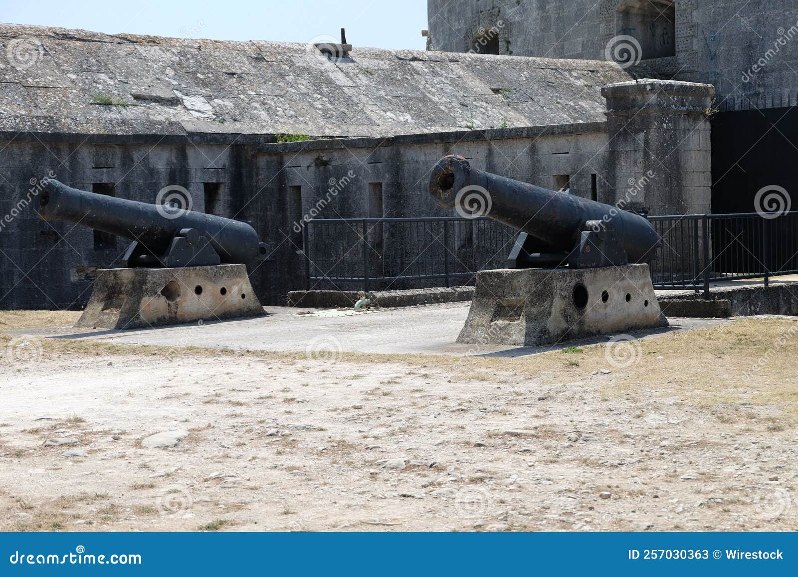 Closeup of Two Old Cannons on Front of a Stone Building Stock Image ...