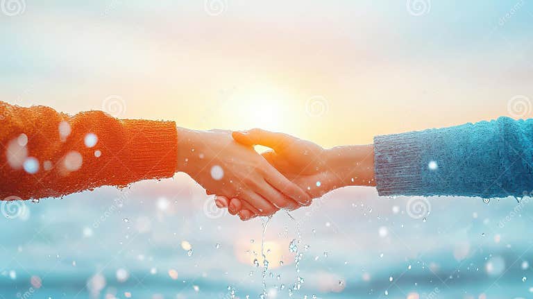 A Closeup of Two Wet Hands Clasping Over Water, Symbolizing Unity and ...