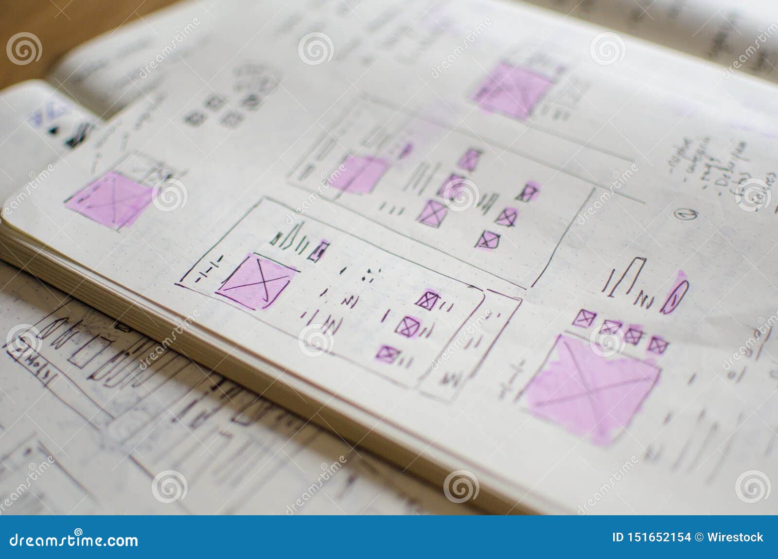 Closeup of UI/UX Draft Sheet with Highlighted Areas with a Magic Marker ...