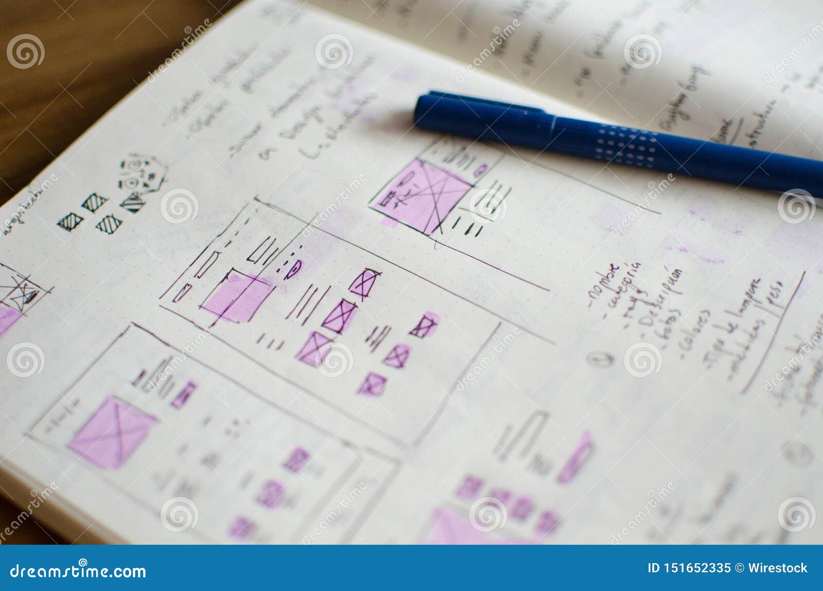 Closeup of UI/UX Draft Sheet with Highlighted Areas with a Magic Marker ...