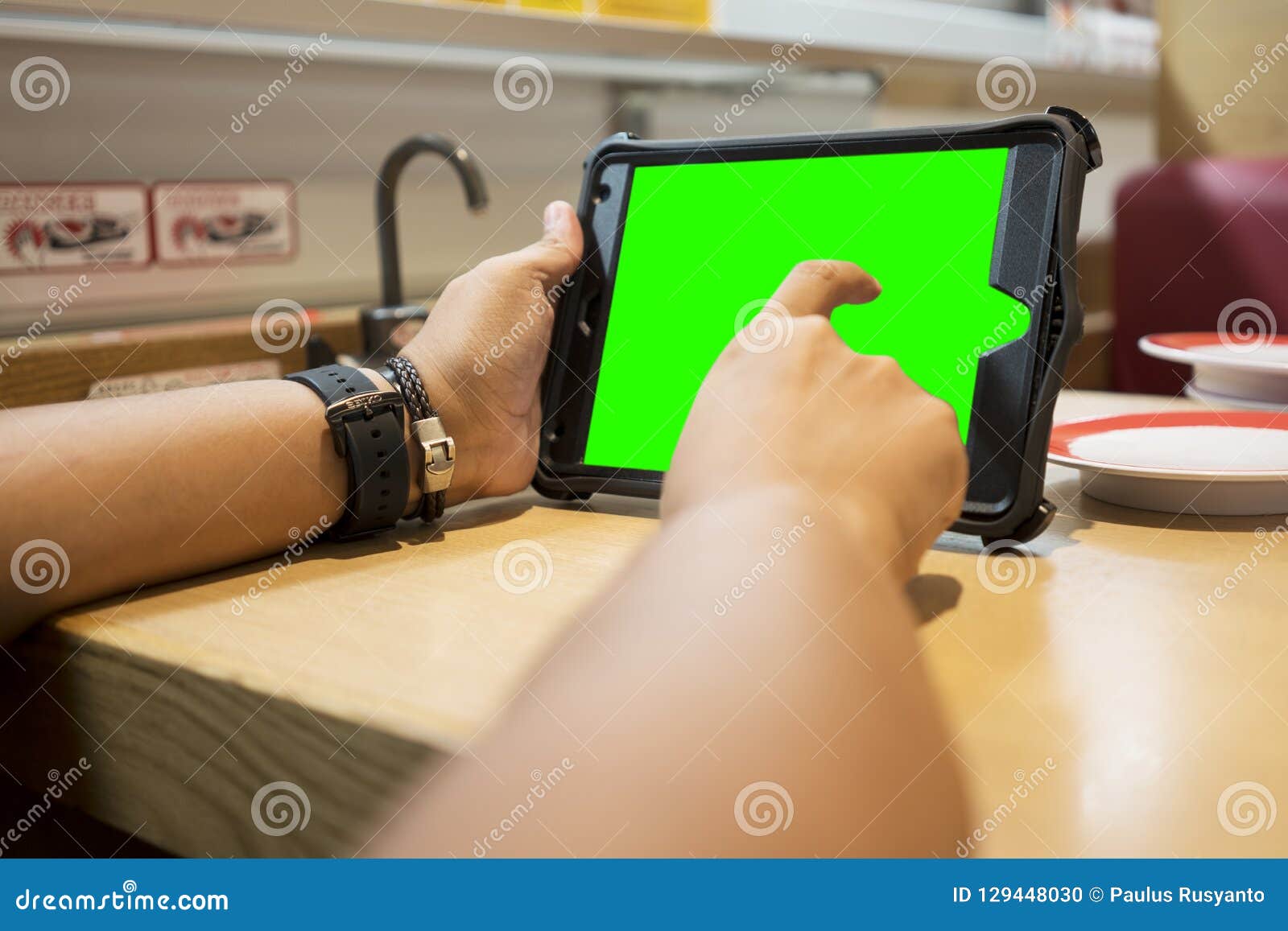 Unknown Man Hands Using a Tablet at Restaurant Stock Photo - Image of ...