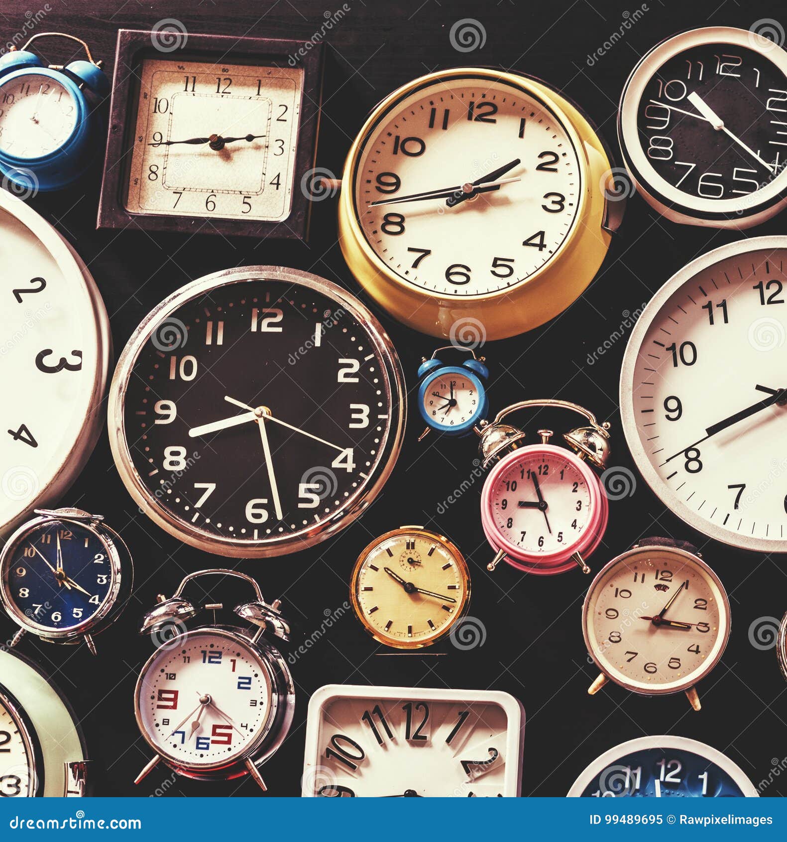 Closeup of Various Clocks Isolated on Black Stock Image - Image of ...