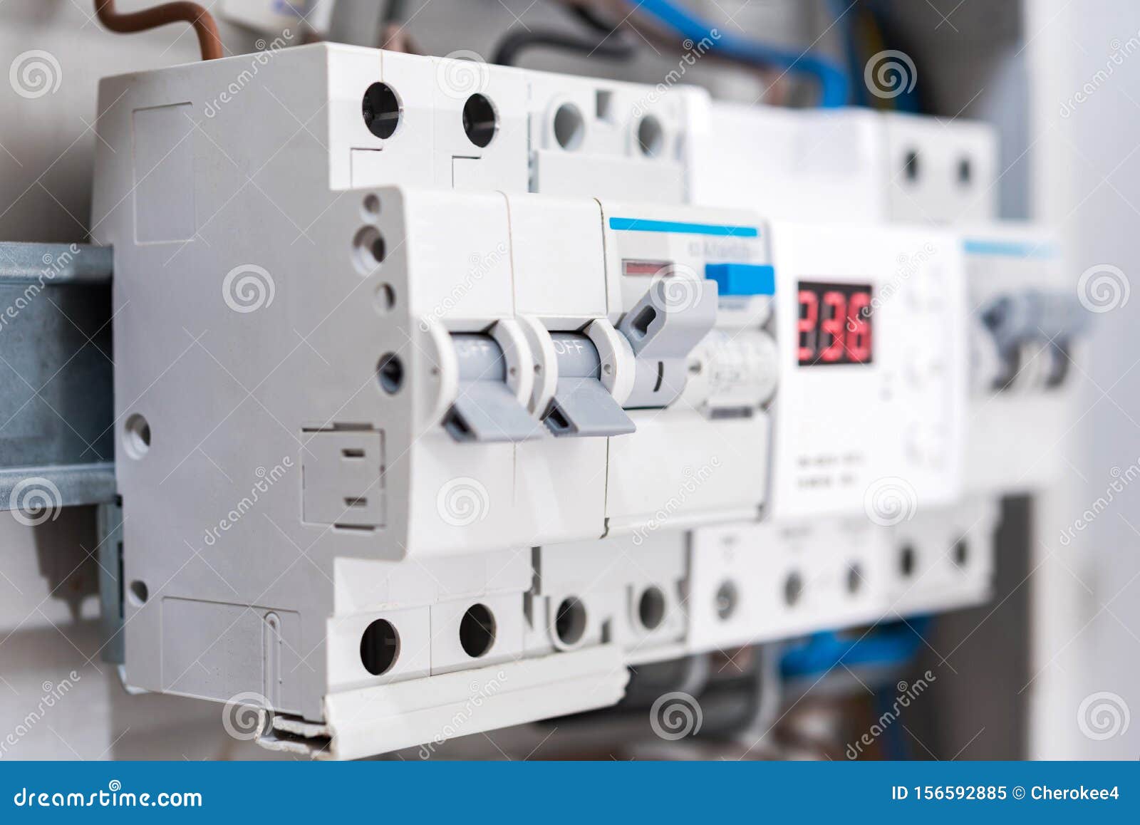 Closeup View Automatic Fuses and Voltage Relay. Electrical Background ...