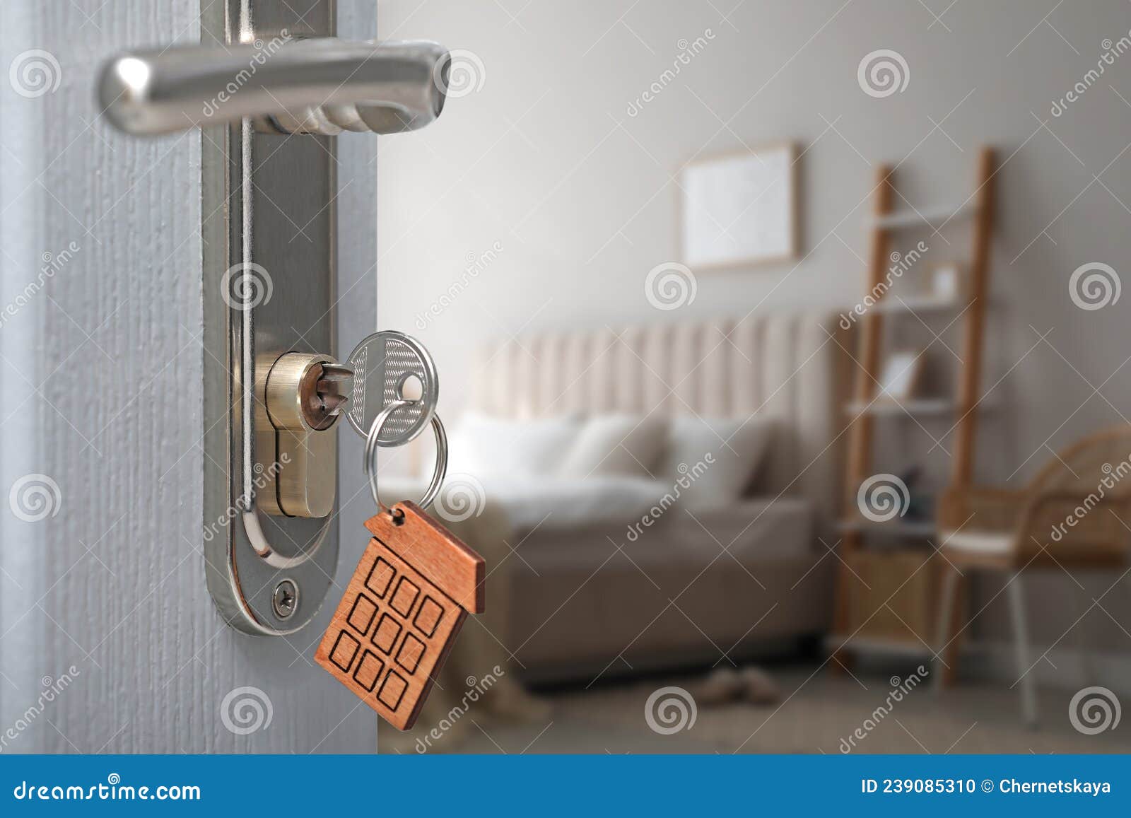 Closeup View of Door with Key Open in Bedroom Stock Photo - Image of ...
