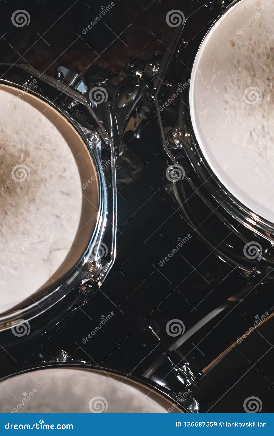 Closeup View of a Drum Set in a Dark Studio. Black Drum Barrels with ...