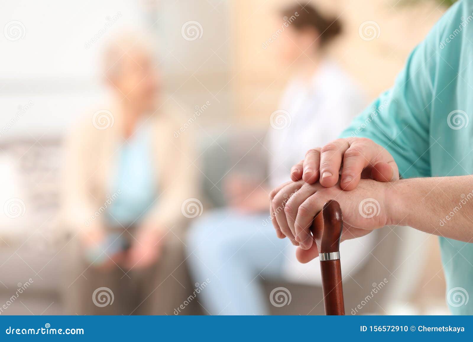 Closeup View of Elderly Man with Cane in Nursing Home. Assisting Senior ...