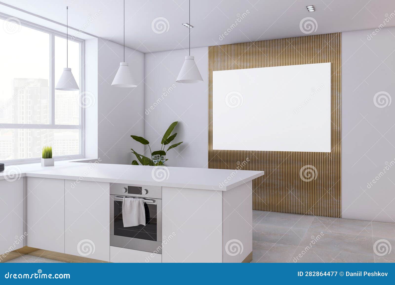 Closeup View of Empty Kitchen Interior with Blank White Poster and Grey ...