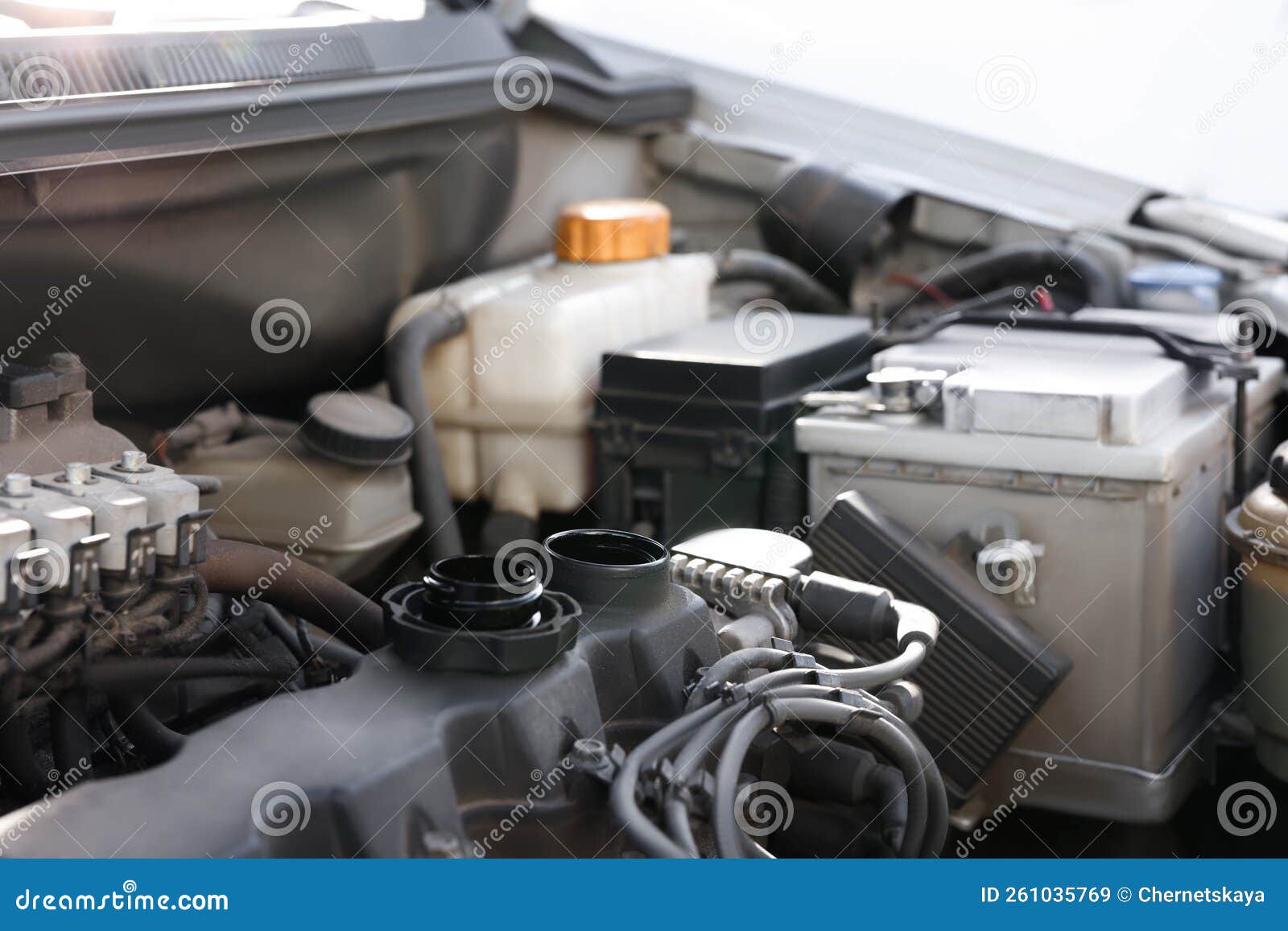 Closeup View of Engine Bay in Modern Auto Stock Image - Image of ...