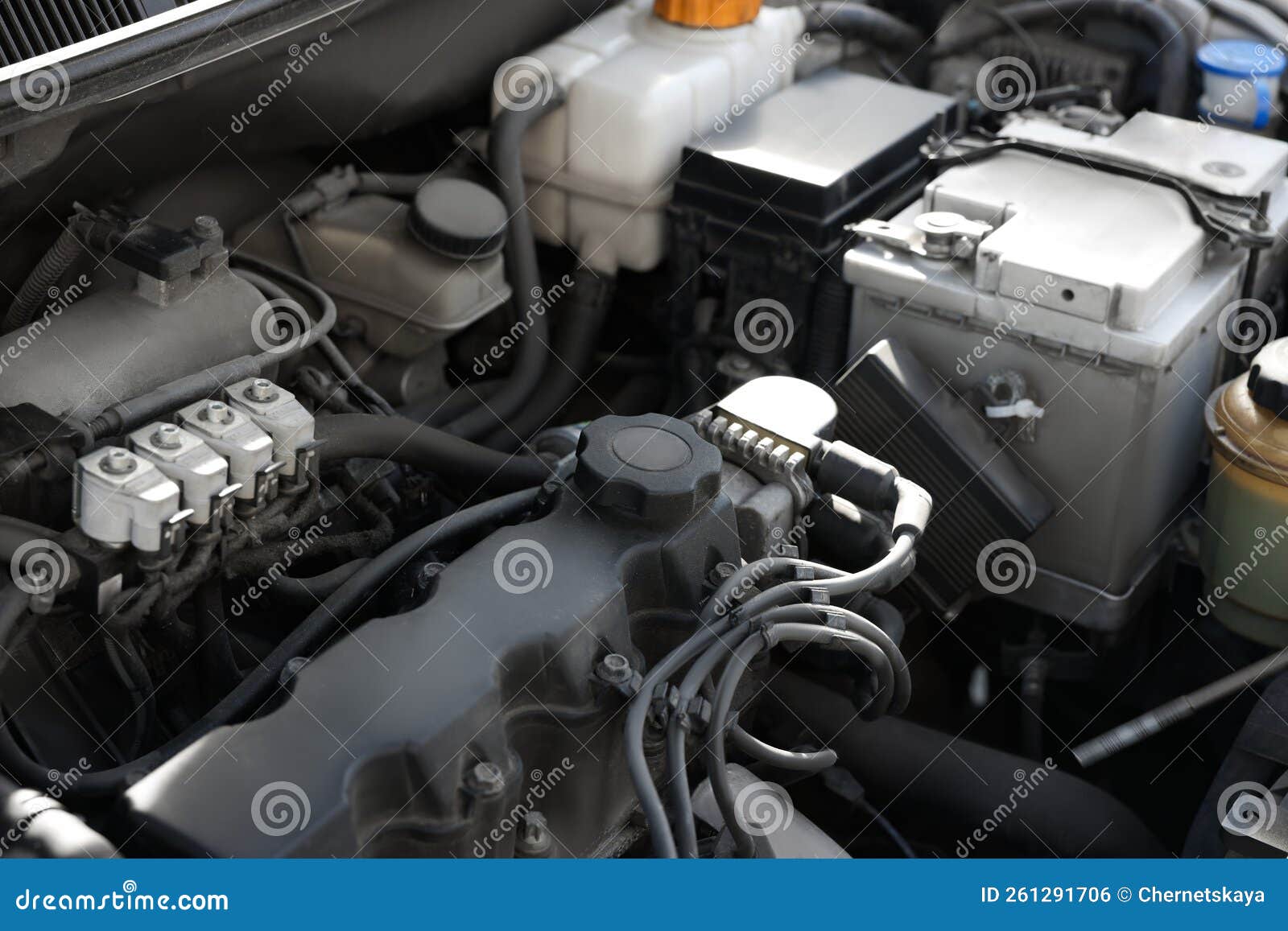 Closeup View of Engine Bay in Modern Auto Stock Photo - Image of change ...