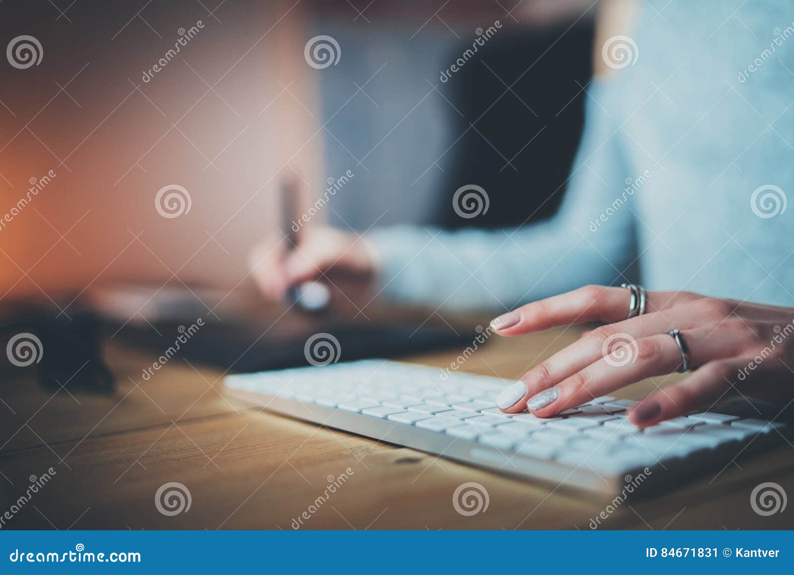 Closeup View of Female Hands Working with Computer Keyboard and Digital ...
