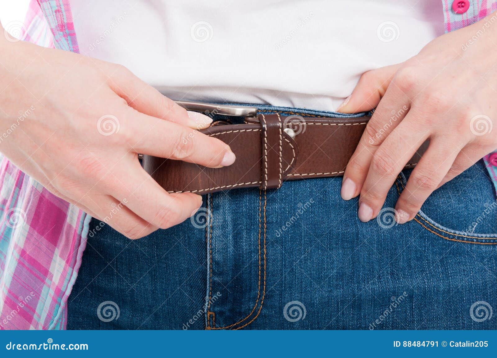 Closeup View on Female Jeans with Leather Belt Stock Image - Image of ...