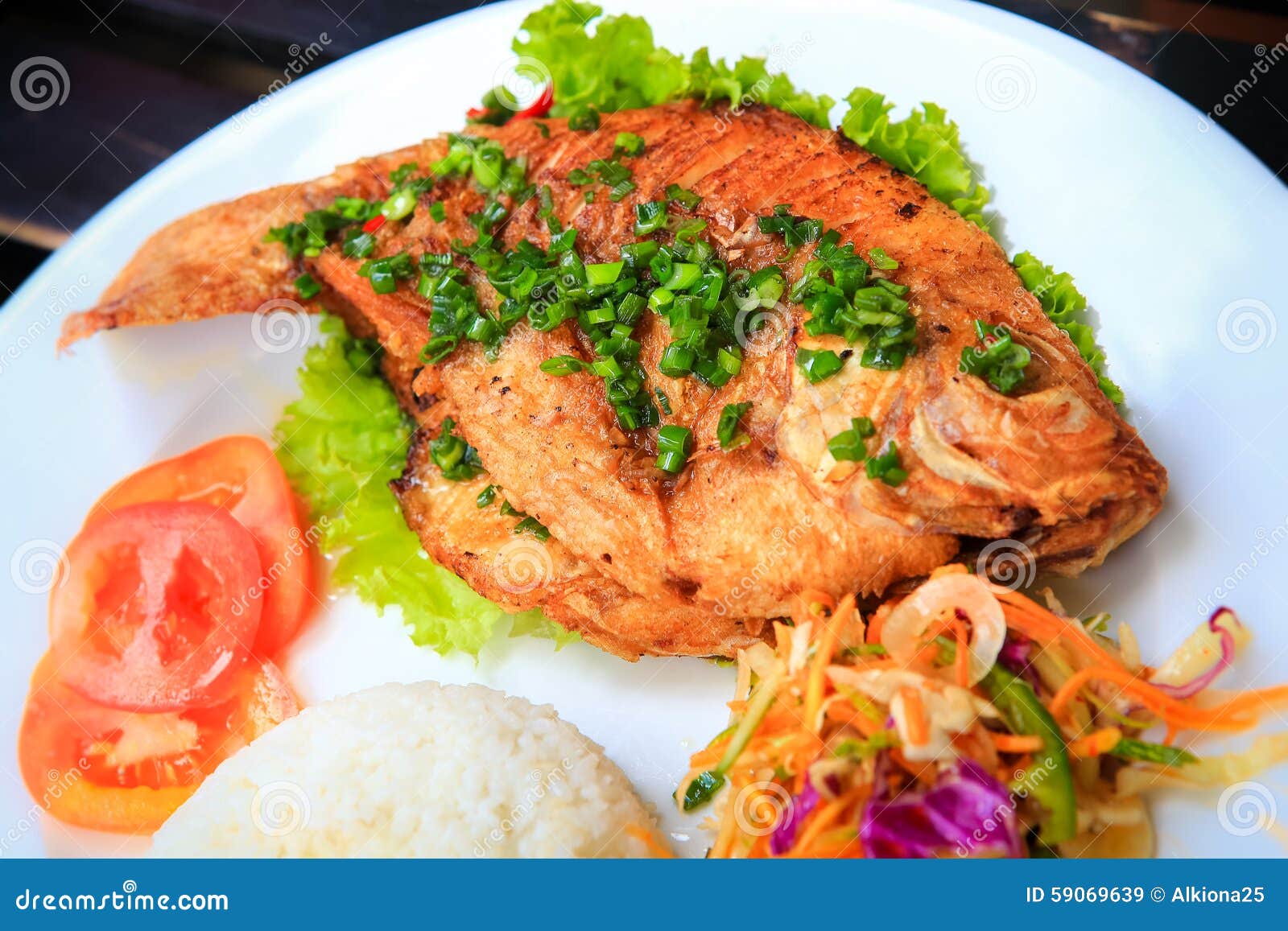 Closeup View of Fried Fish with Rice Vegetables Stock Image - Image of ...
