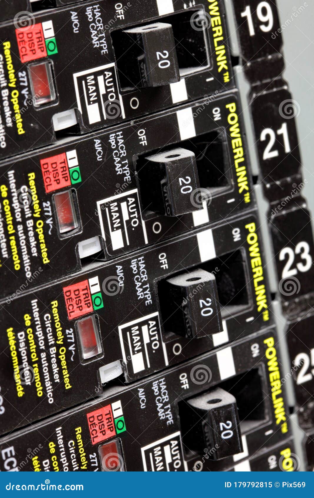 A Closeup of High Tech Breakers in a Power Distribution Panel ...