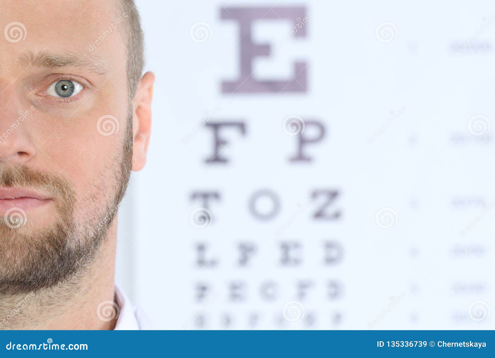 Closeup View of Man and Blurred Eye Chart on Background Stock Image ...