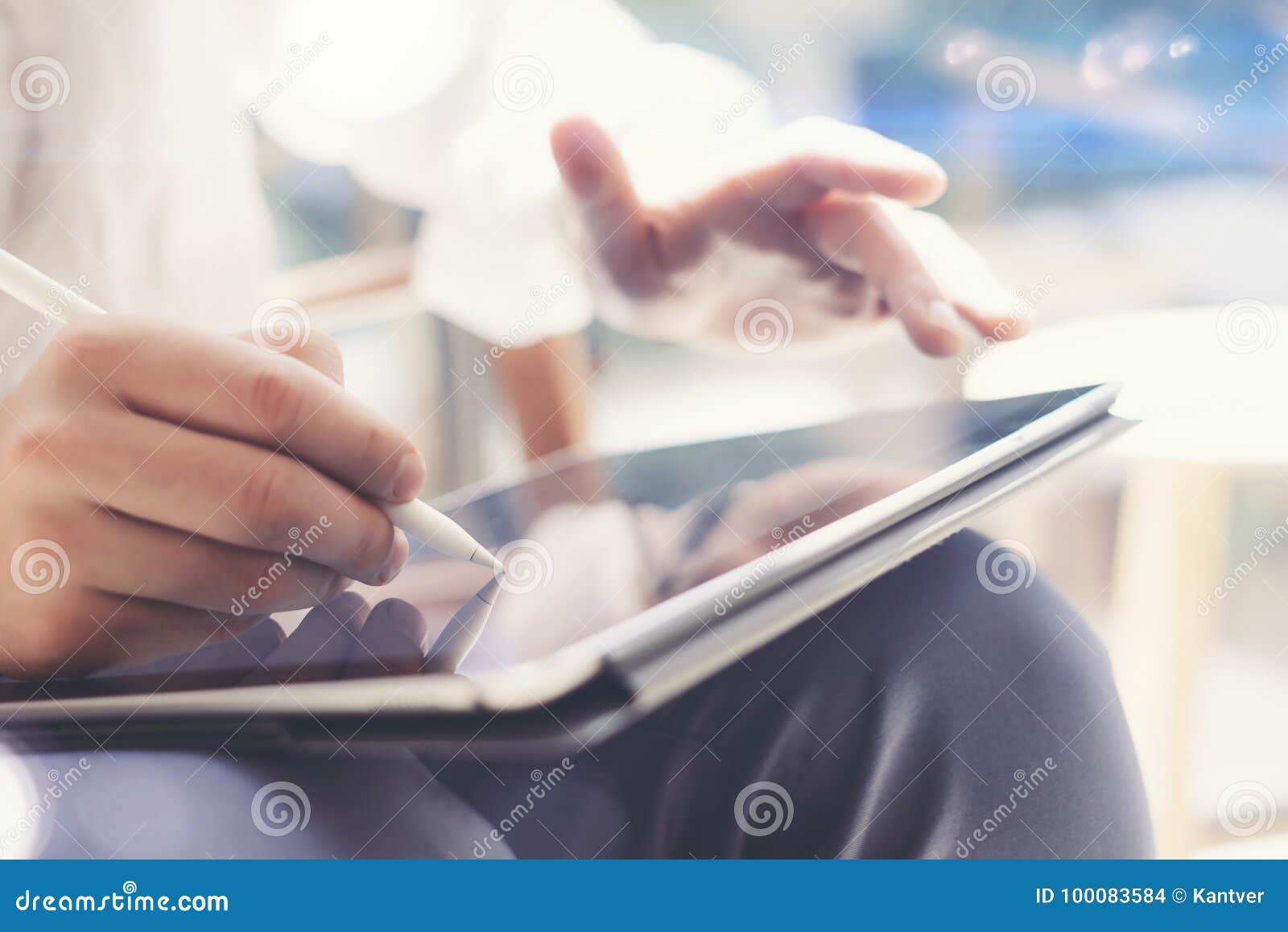 Closeup View of Man Holding Tablet on Hand and Using Electronic Pen ...