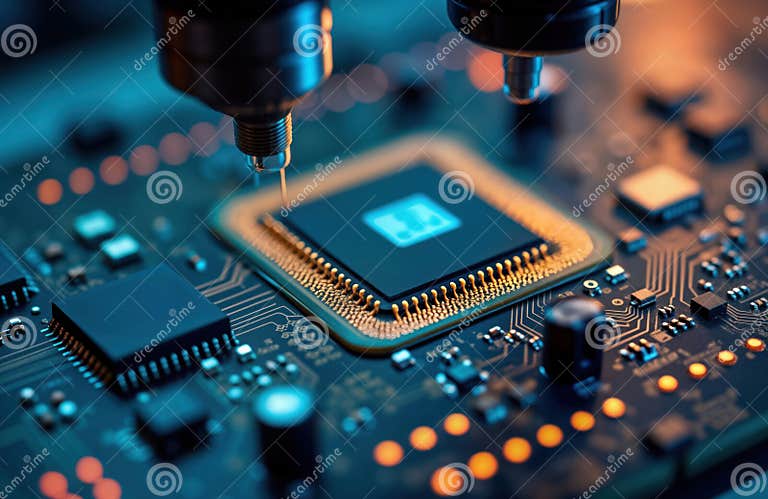 Closeup View of Microprocessor Assembly on Circuit Board. Tech ...