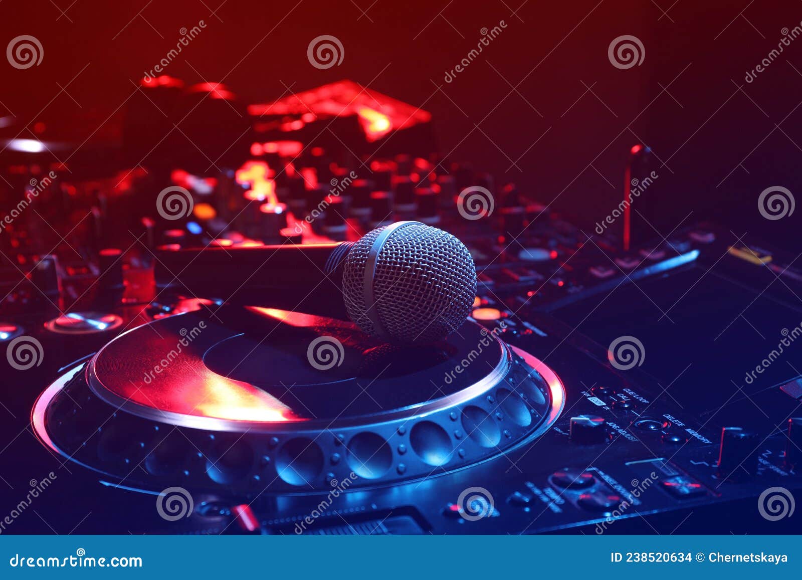 Closeup View of Modern DJ Controller with Microphone on Color ...