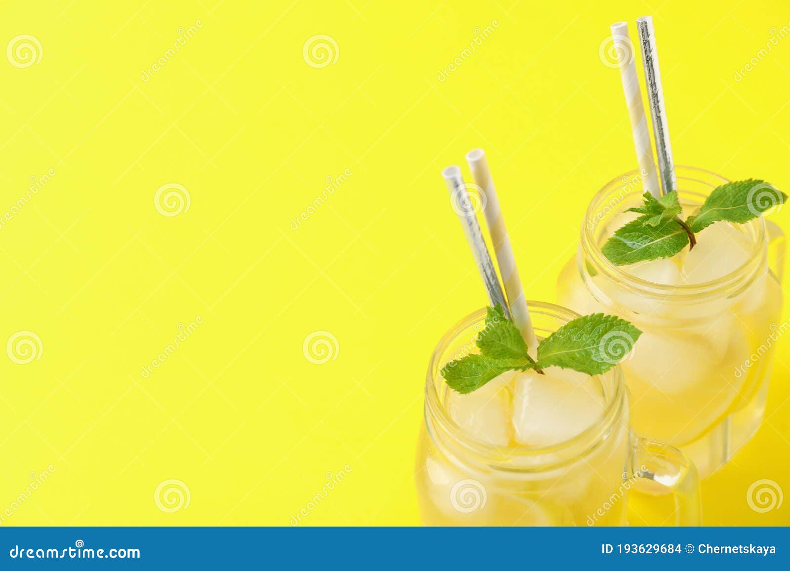 View of Natural Lemonade on Yellow Background, Space for Text. Summer ...