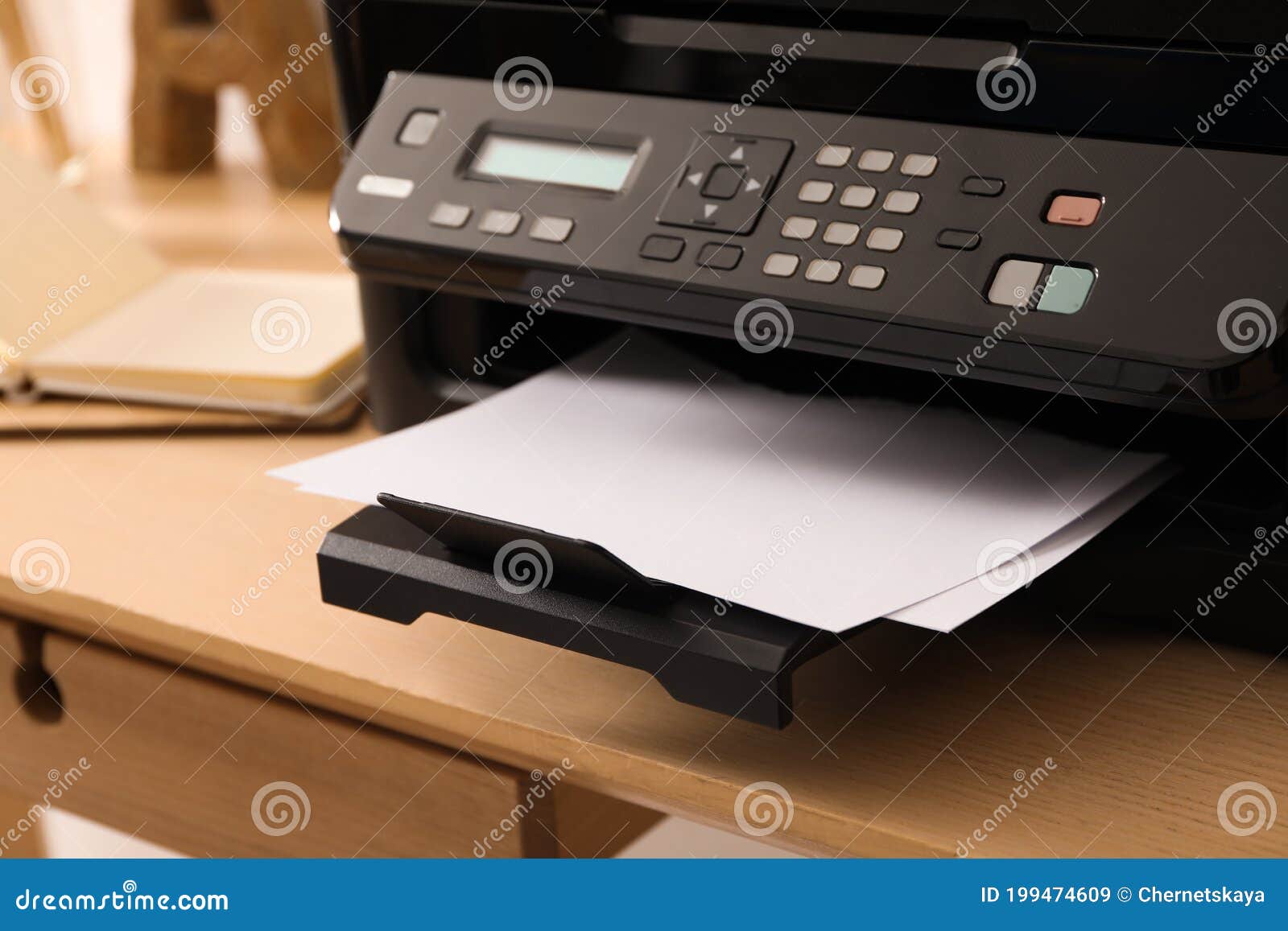 Closeup View of New Modern Printer with Control Panel on Wooden Table ...