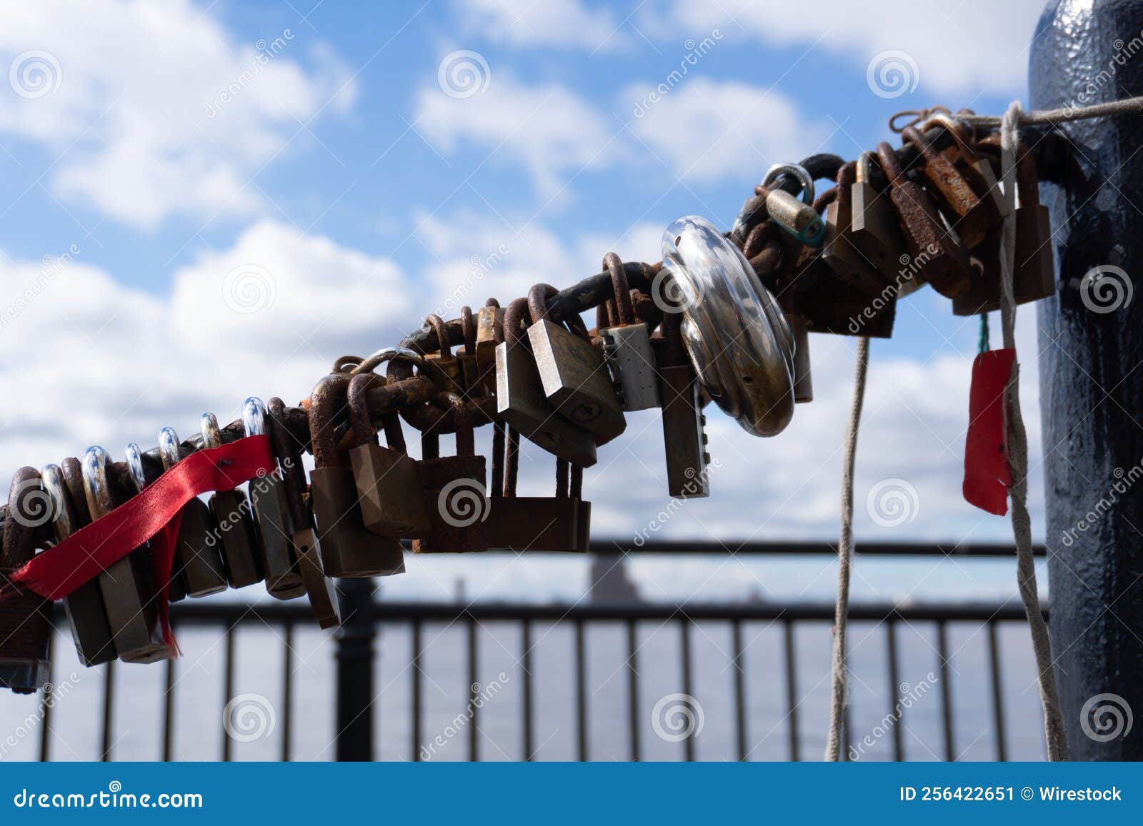 Closeup View of a Number of Metal Locks on a Chain Dockside in the ...