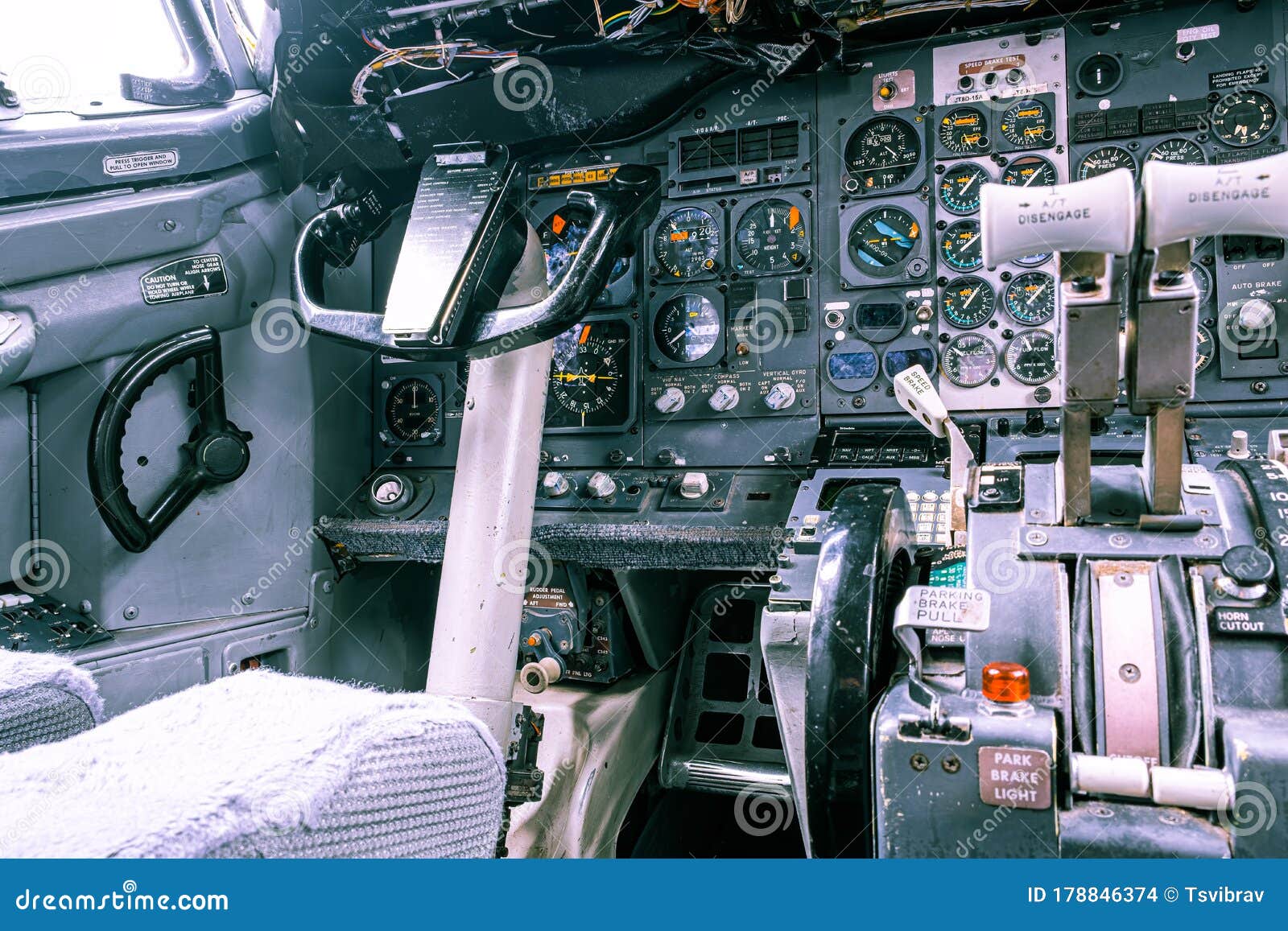 Old Aircraft Cockpit with Yoke and Knobs. Stock Photo - Image of ...