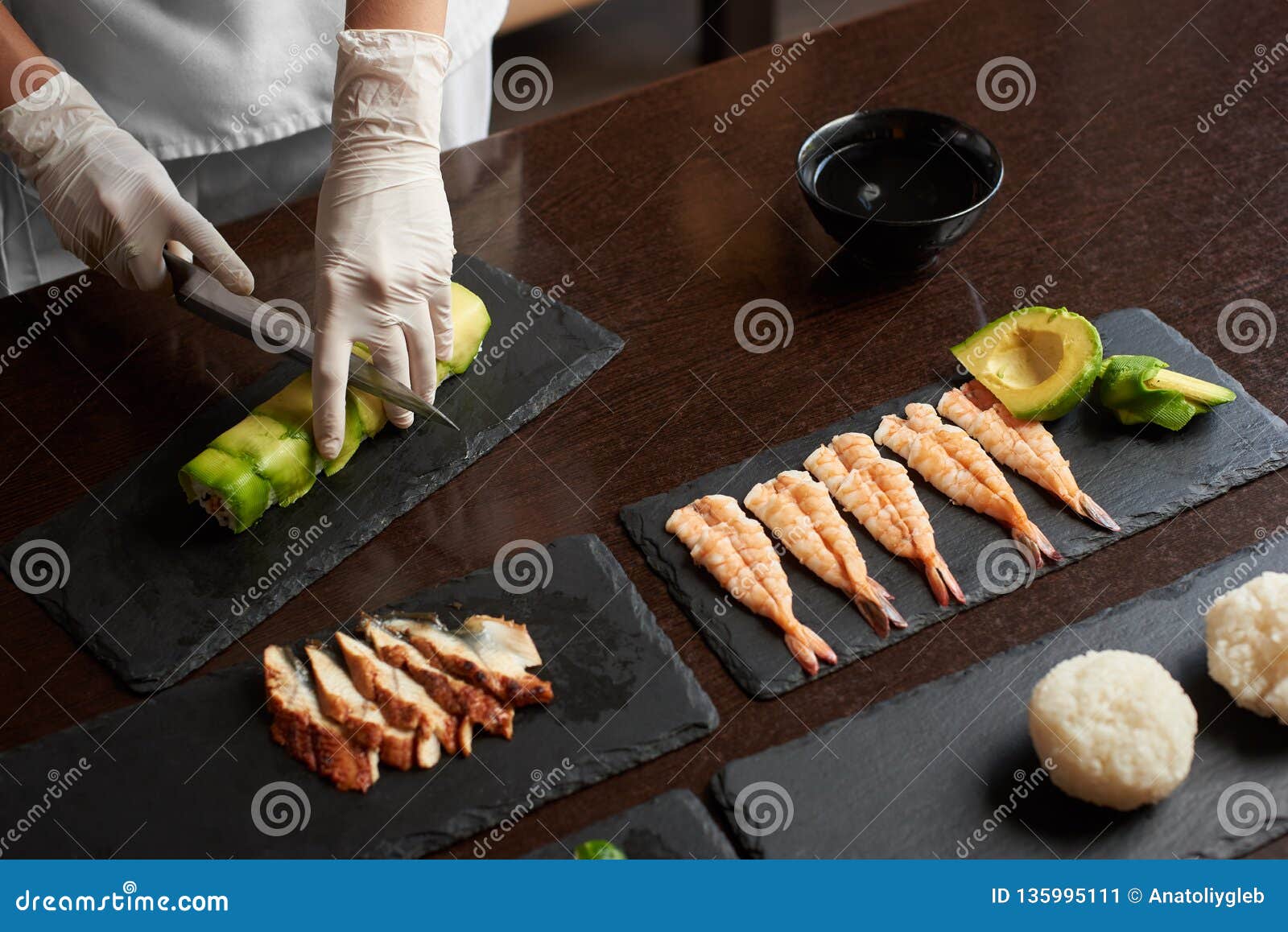 Process of Preparing Rolling Sushi Stock Image - Image of catering ...