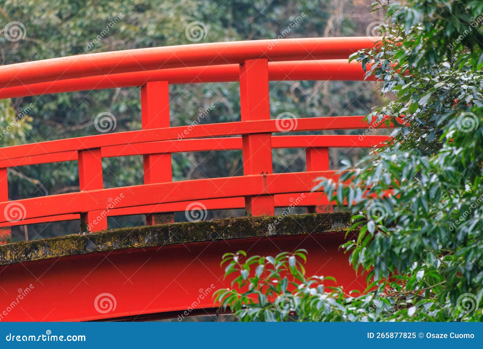 Closeup View of Red Railing on Arched Bridge in Forest Stock Image ...