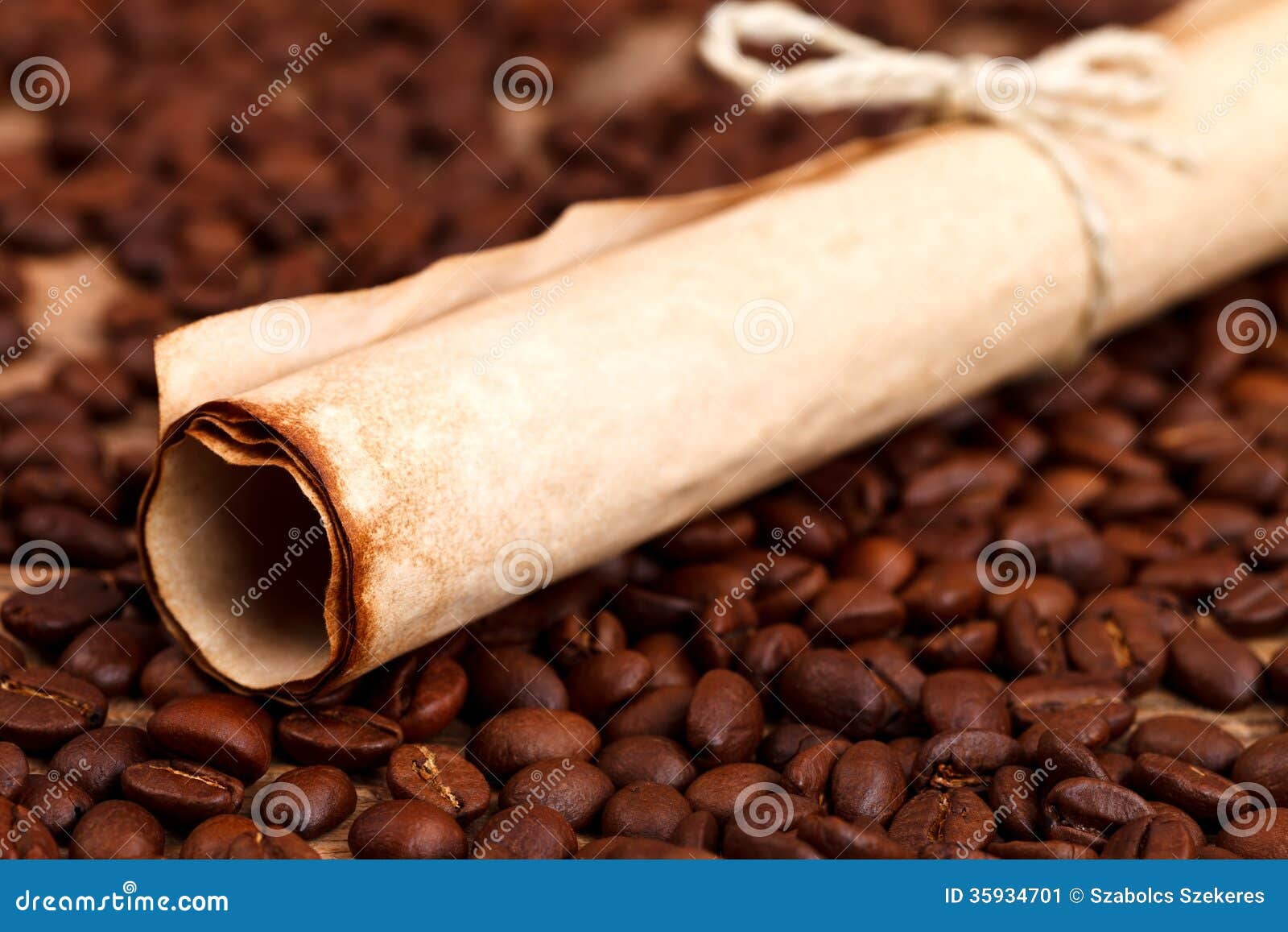 Closeup View of Rustic Paper Roll and Coffee Beans Stock Image - Image ...