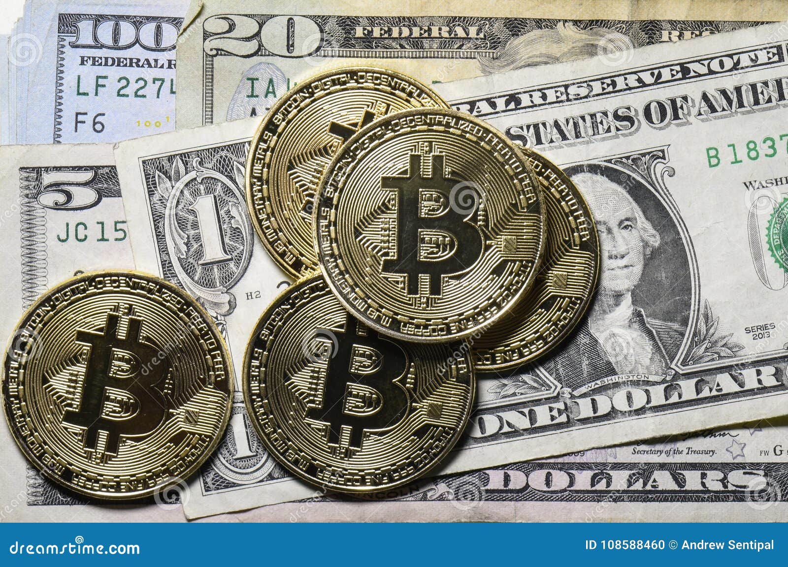 Bitcoin Closeup on US Currency Stock Photo - Image of crypto, bills ...