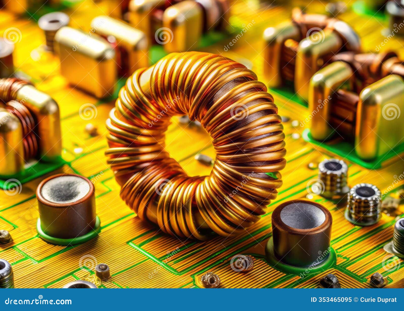 Closeup View of Toroidal and Cylindrical Inductors on a Yellow Printed ...