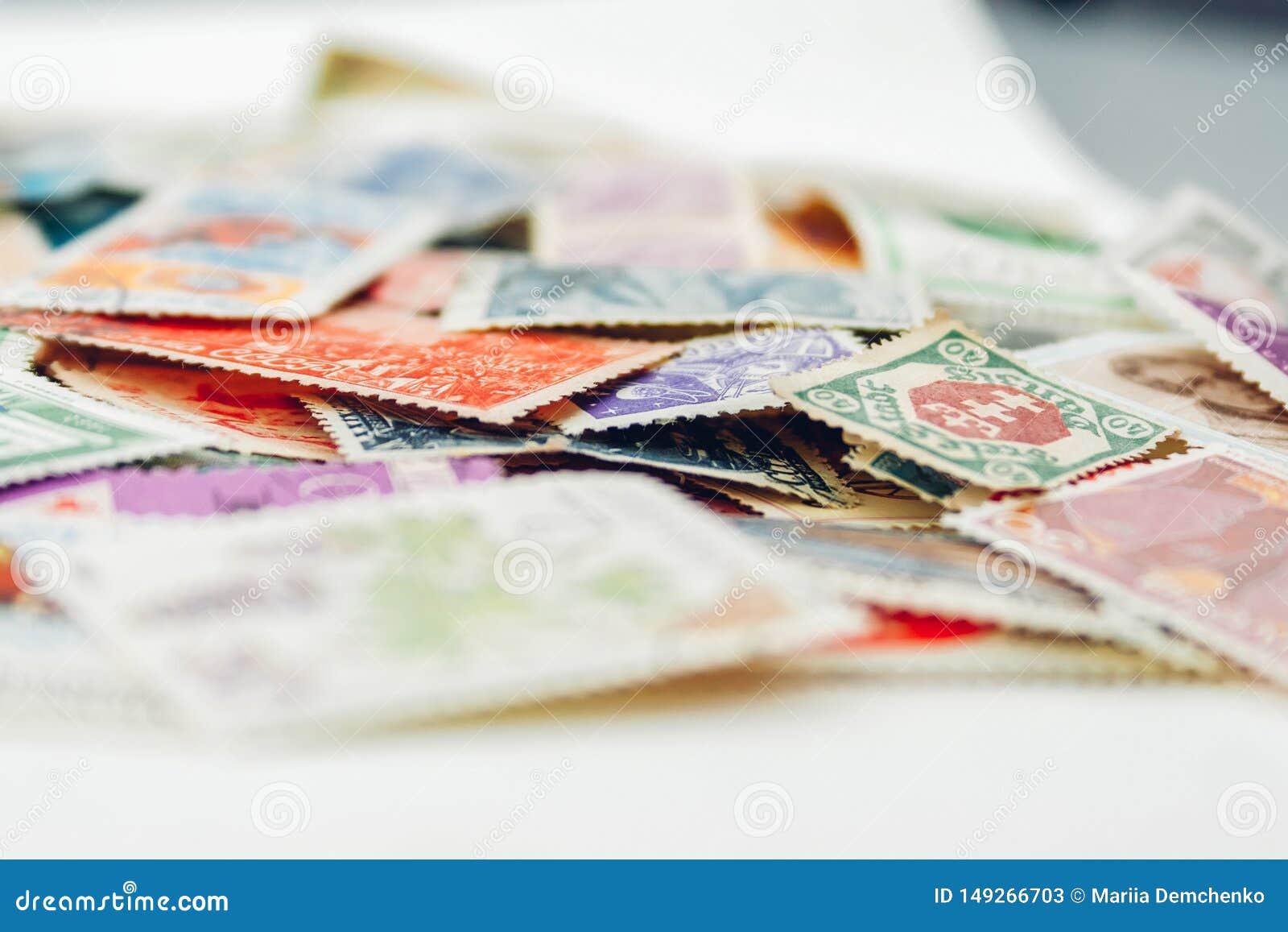 Closeup View on a Variety of Multi-colored Postage Stamps from ...
