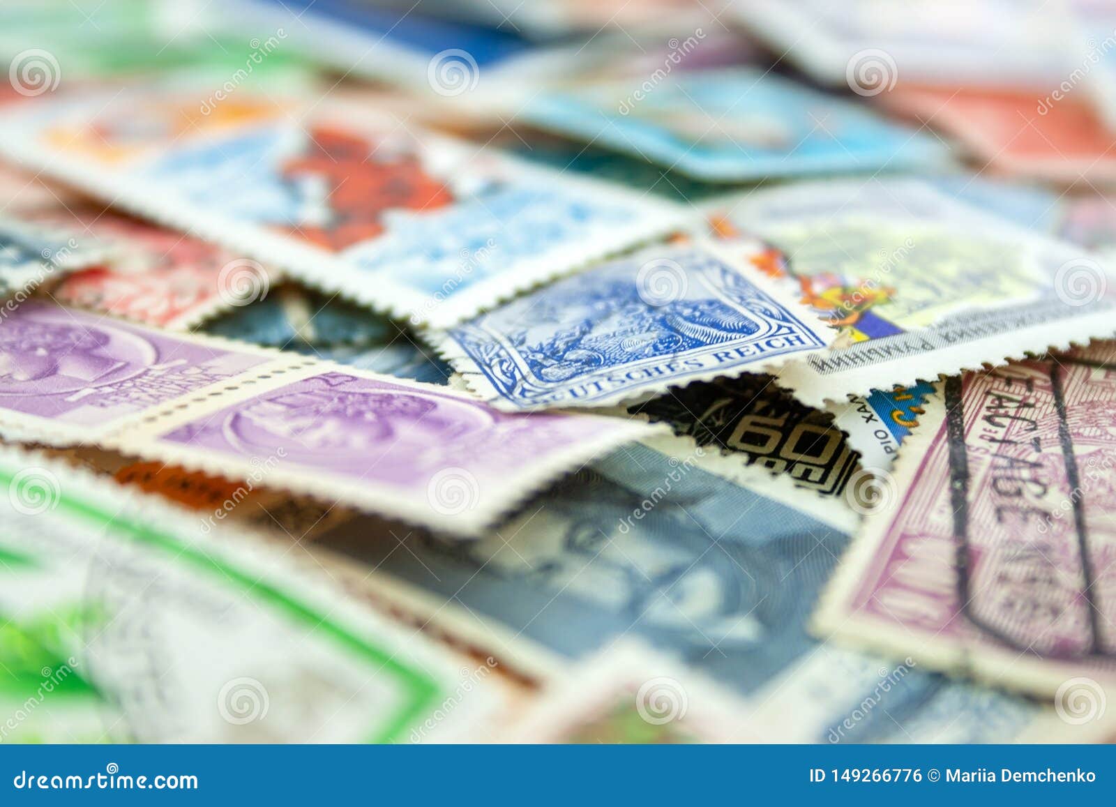 Closeup View on a Variety of Multi-colored Postage Stamps from ...