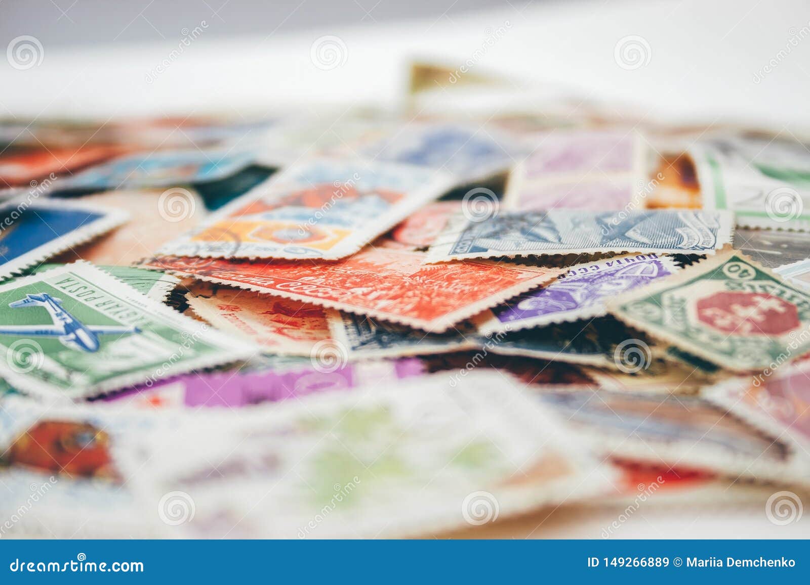 Closeup View on a Variety of Multi-colored Postage Stamps from ...