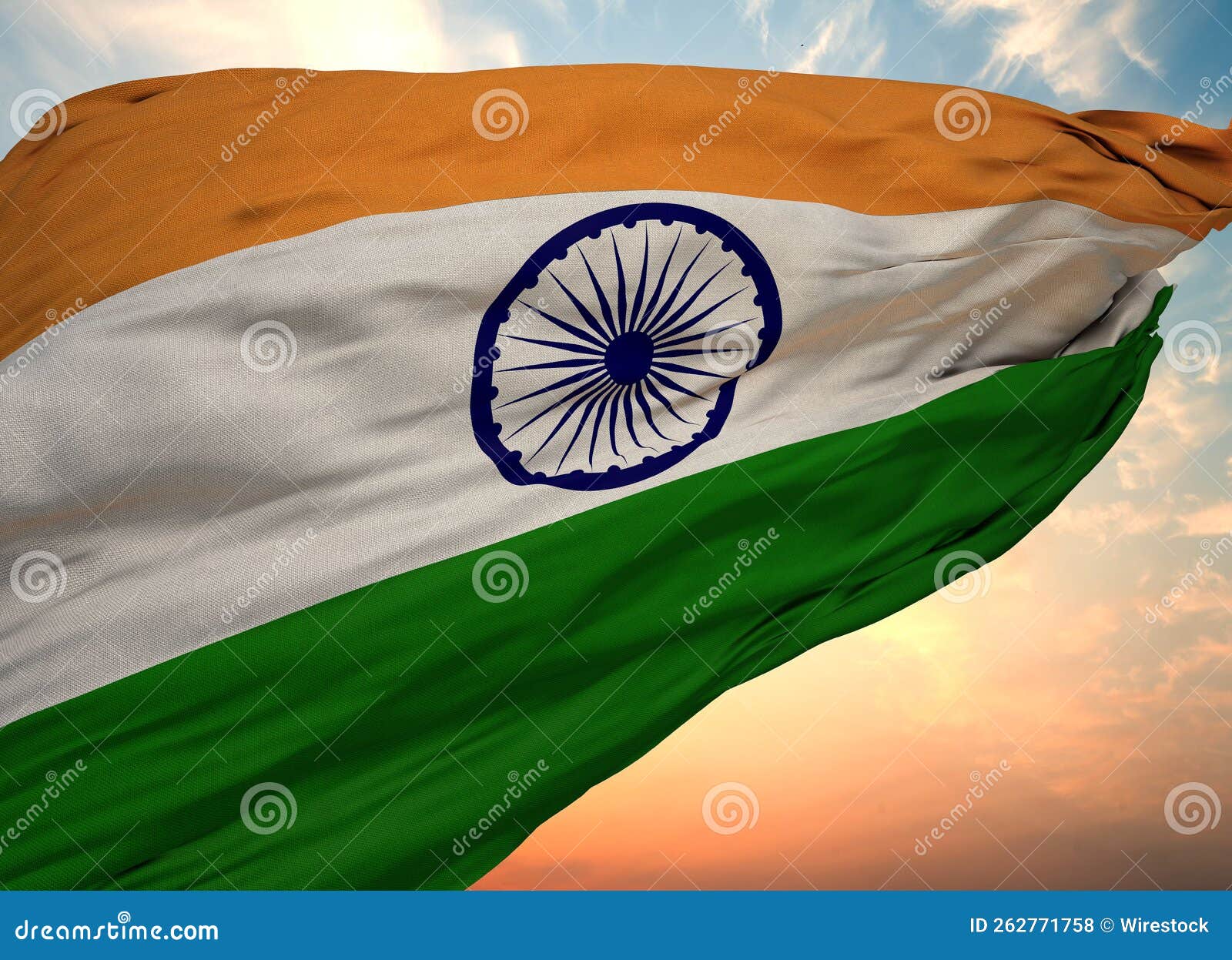 Closeup View of the Waving Indian Flag on a Background of Sunset Stock ...