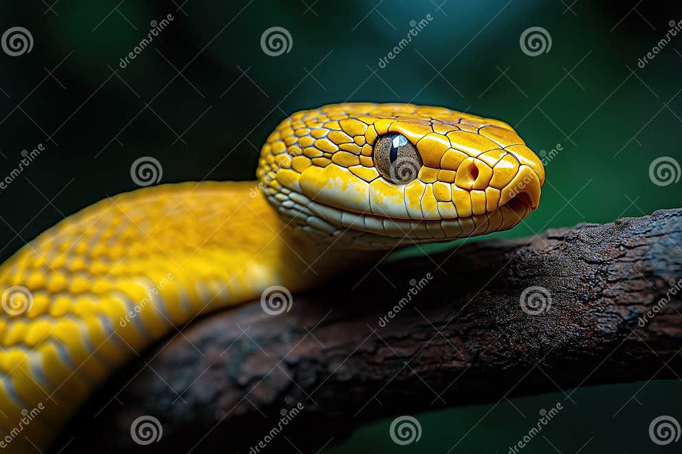 Closeup View of Yellow Brown Snake on Tree Branch. Snake Resting on ...